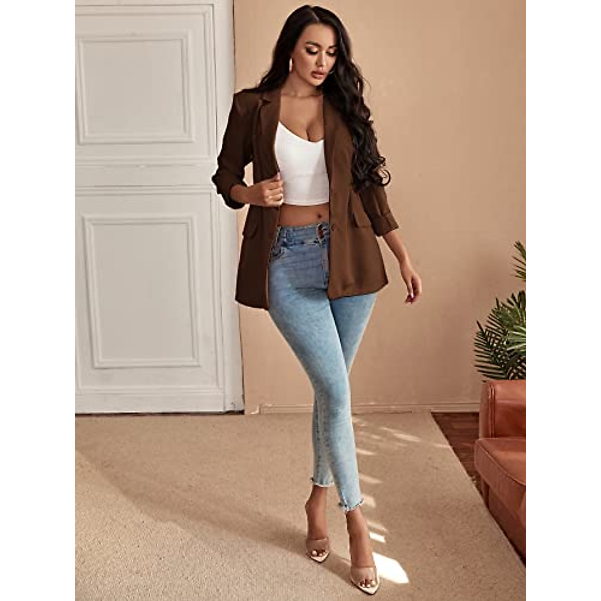 Floerns Women's Solid Notched Lapel Long Sleeve Single Breasted Blazer Jacket Chocolate Brown M