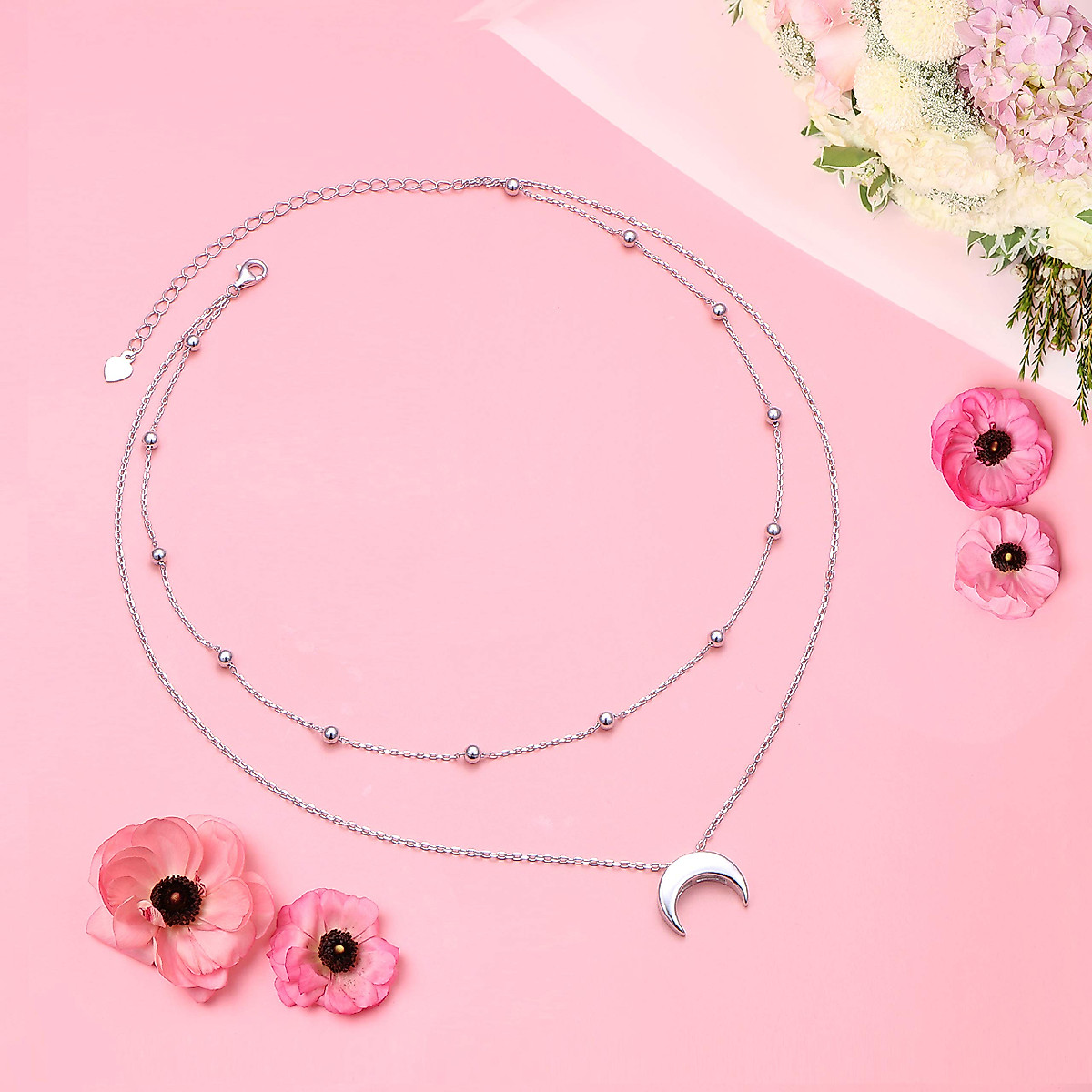 FLYOW Crescent Layered Choker Necklace S925 Sterling Silver Moon Pendant Jewelry Adjustable Clavicle Necklace for Women Birthday Gifts (Moon)