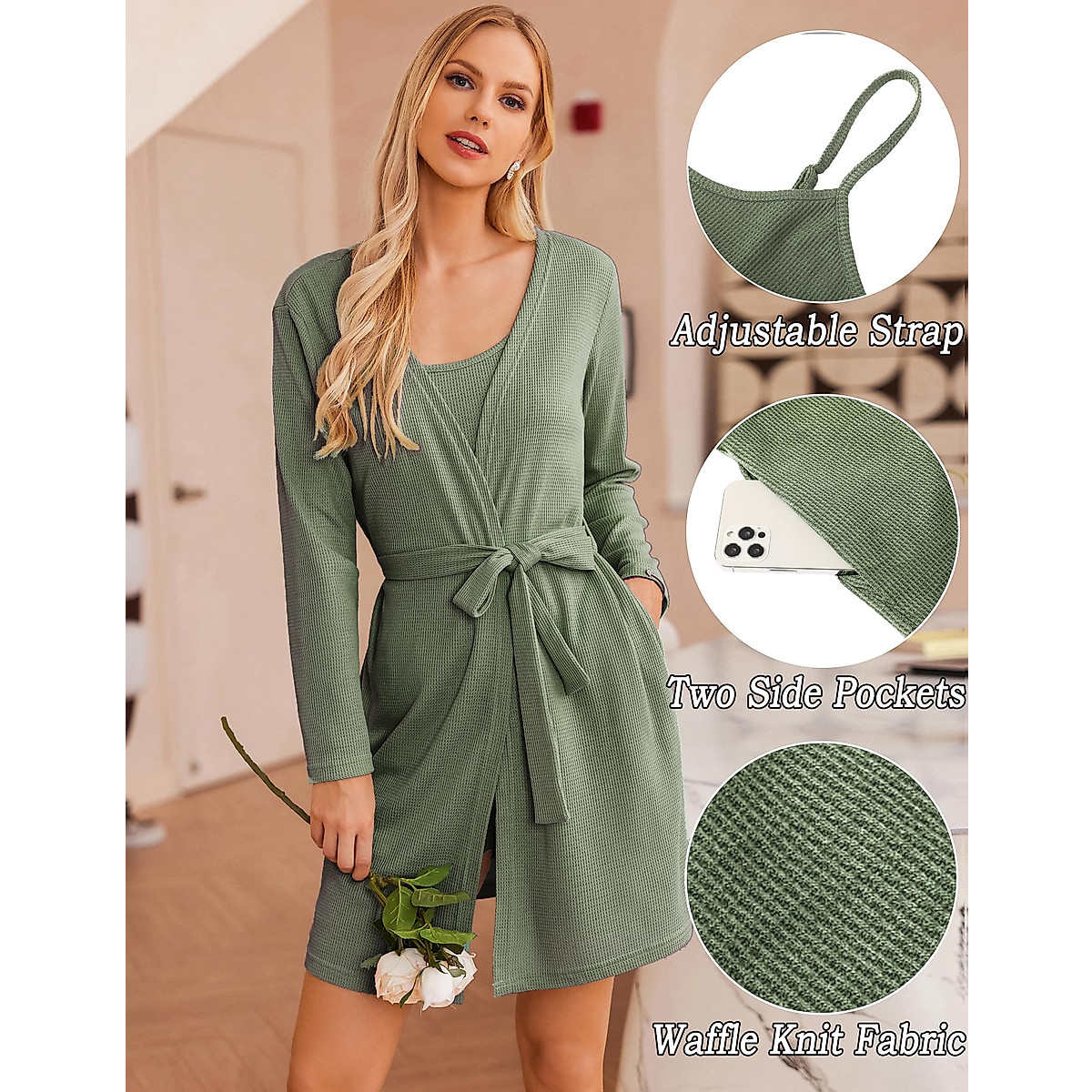 Ekouaer Womens 3 Piece Waffle Knit Lounge Set Soft Pajama Sets Tank Top and Shorts Cardigan with Pockets (Army Green, S)