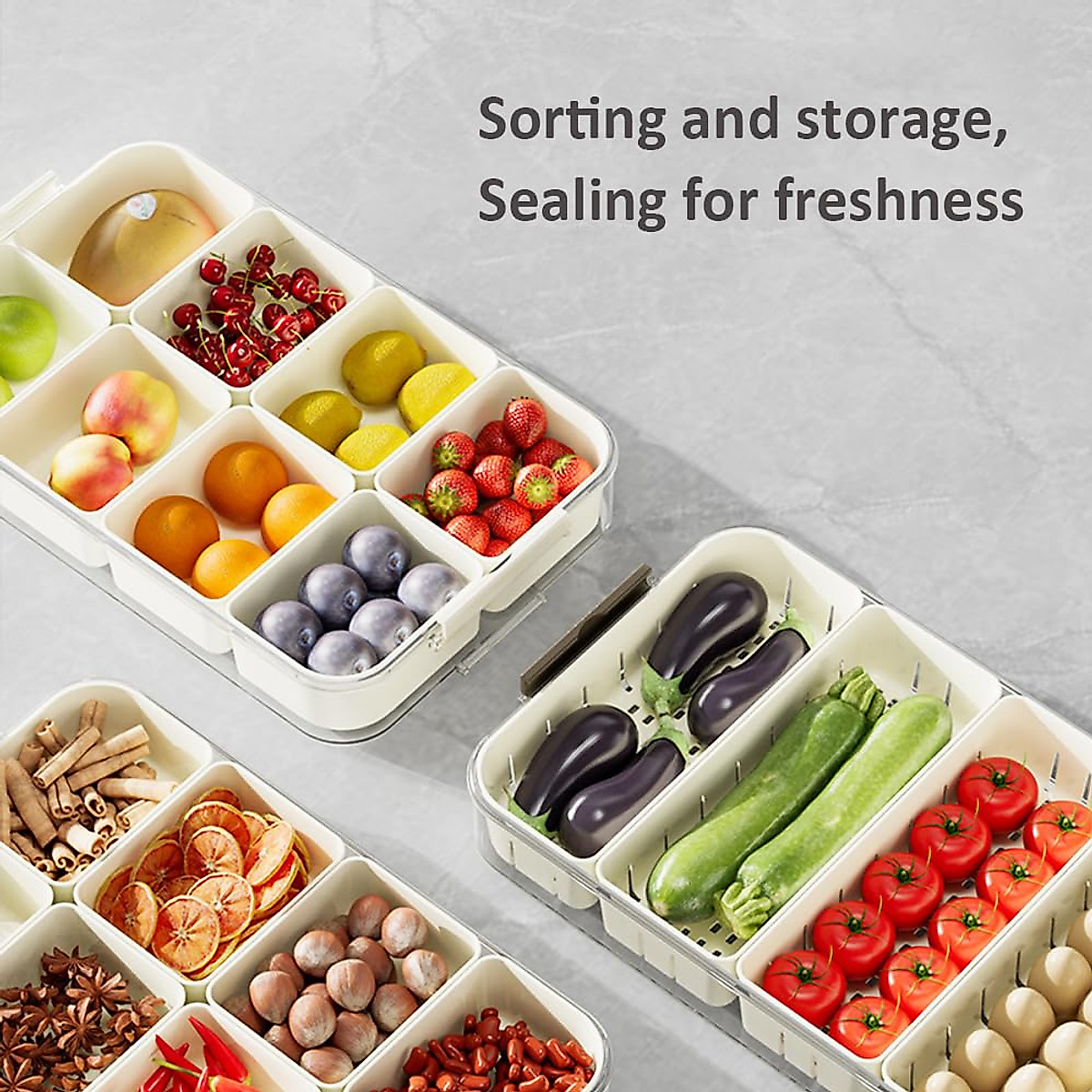 TUZZAN Plastic Bento Snack Box Container with Compartment, Stackable Fridge Container with Lids and Divided Serving Tray, Storage for Food, Vegetables, Transparent, TFSC003