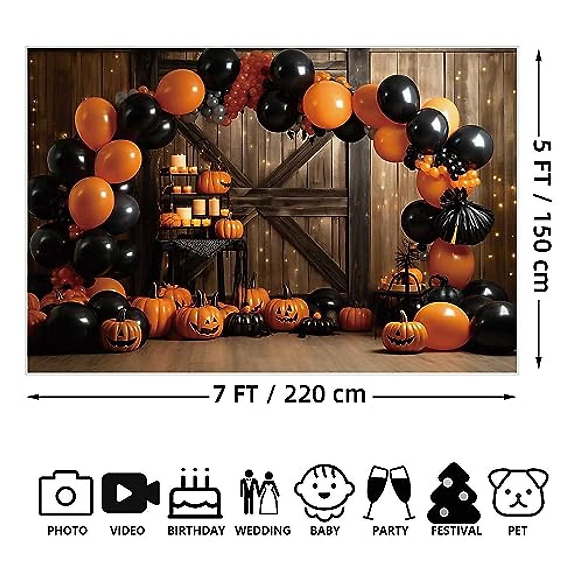 MOONDECO Photography Backdrop 7x5ft Halloween Arch Balloon Jack O Lantern Wood Party Background Kids Candle Light Fire Fly Photo Booth Decorations