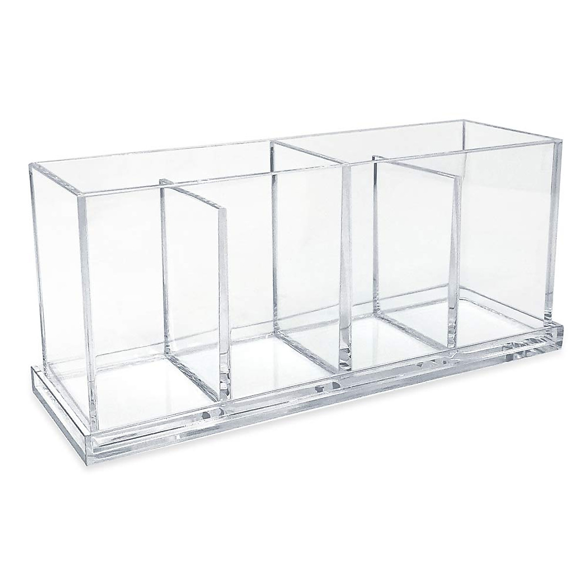 Isaac Jacobs 4-Compartment Clear Acrylic Organizer with Lid (9” L x 3” W x 4” H), Makeup Brush Holder, Sectional Tray, Storage Solution for Makeup, Crafts, Office Supplies & More (1, Clear)