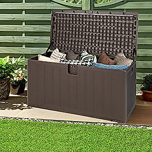 GOFLAME 105 Gallon Outdoor Storage Deck Box, Weather Resistant Container Box with Lockable Cover, Metal Support Bar for Patio Furniture, Outdoor Cushions, Pool Supplies, Garden Tools & Sport Equipment