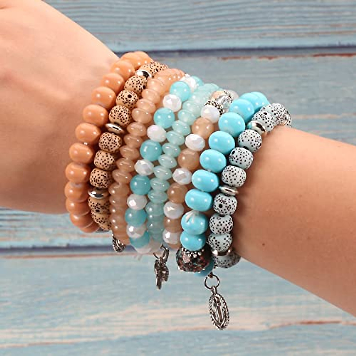 6 Set Butterfly Bracelets for Women and Teen Girls Multilayer Beads Tassel Stretch Bracelet Charm Boho Colorful Jewelry