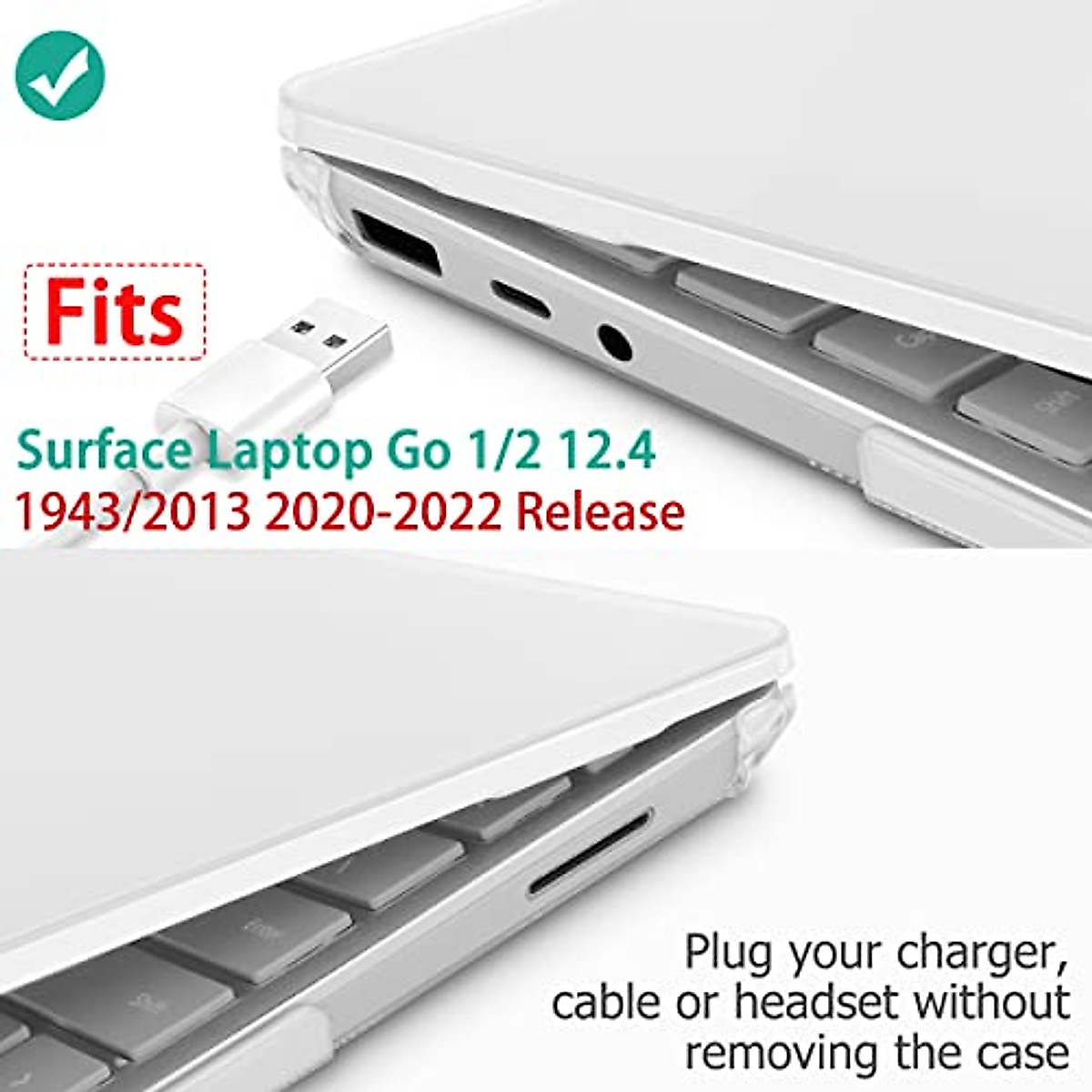 SUROCASE Compatible with Microsoft Surface Laptop Go 2 Go 1 12.4 Inch (2020-2022 Releases) Model 1943, Plastic Hard Case with Screen Protector + Keyboard Cover + Dust Plugs, Crystal Clear