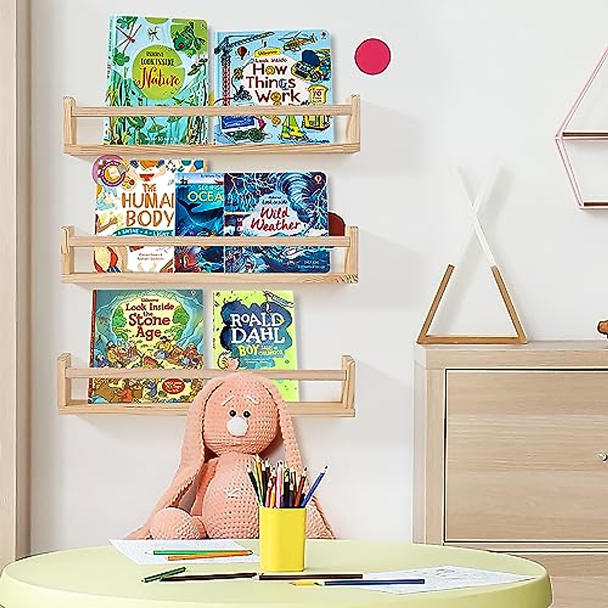 MBYD 24 Inch Floating Bookshelves, Handmade Natural Wood Wall Shelf, Wall Book Shelf for Kitchen Spice Rack or Bathroom Shelves, Set of 3 Same Dimensions