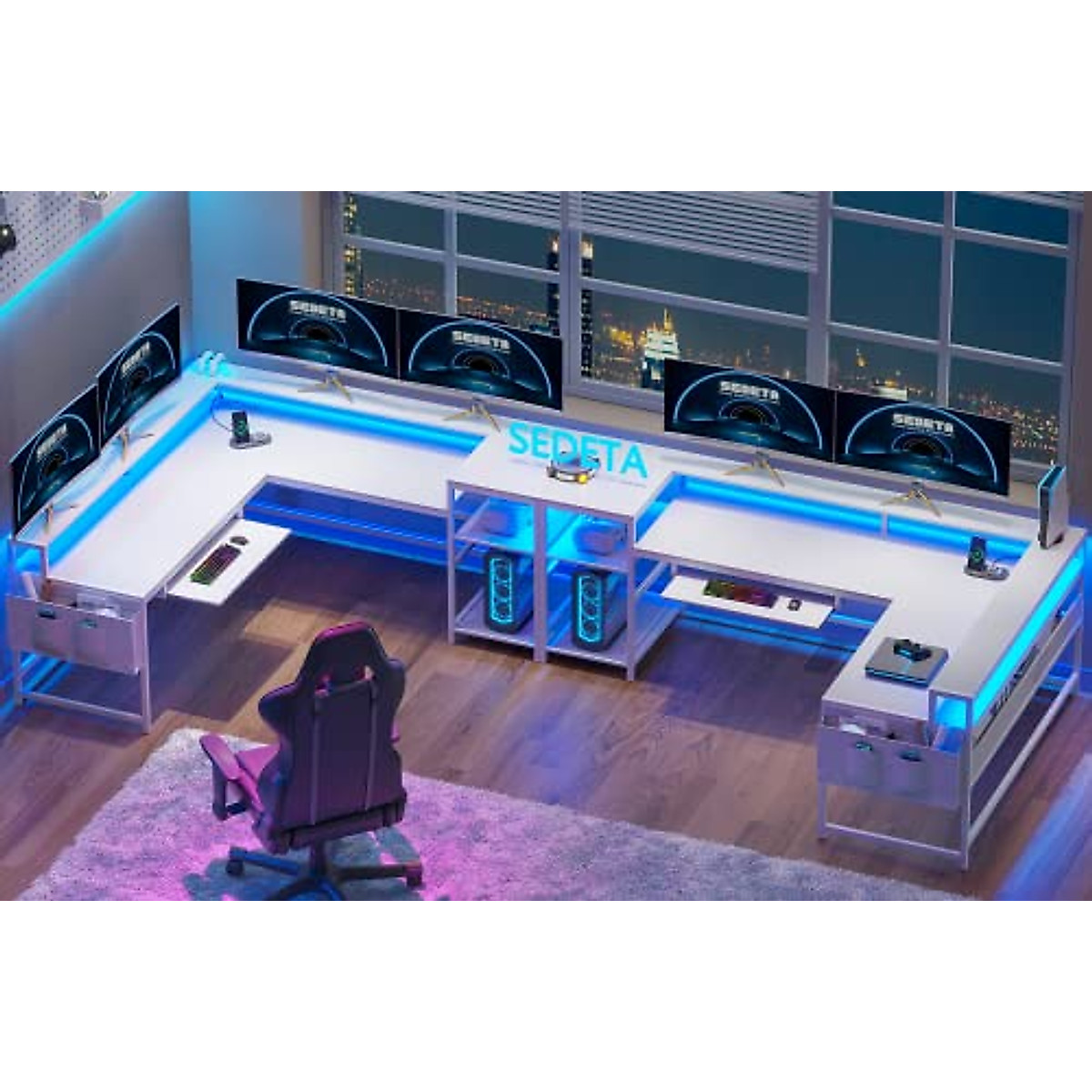 SEDETA L Shaped Gaming Desk, Reversible Home Office Desk or Corner Desk, Gaming Desk with Power Outlets & LED Strip, Monitor Shelf, Keyboard Tray, Pegboard and Storage Shelves, White