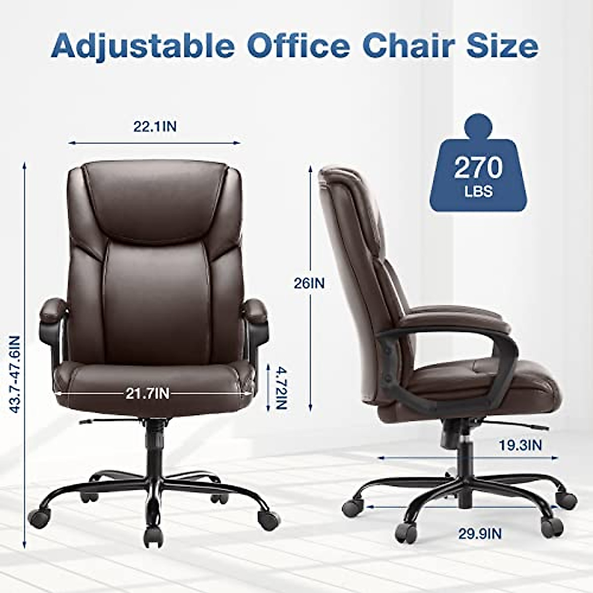 Office Chair - Ergonomic Home Office Chair High Back Executive Computer Desk Chair, Adjustable Height and Tilt Swivel Rocking PU Leather Comfortable Chairs with Wheels Armrest for Adults, Brown