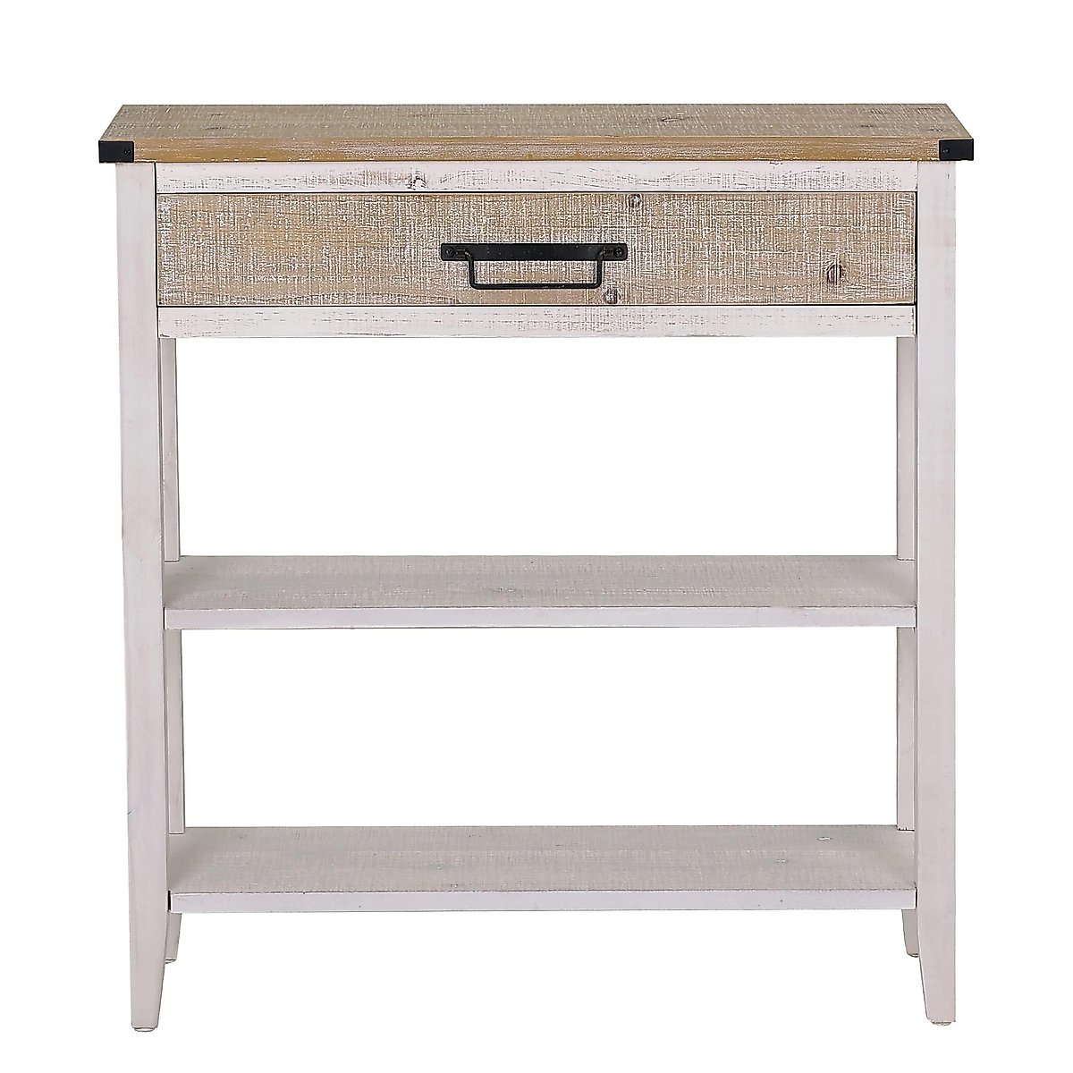 RUSTOWN Farmhouse Console Table with Drawer, 3-Tier Rustic Entryway Table with Open Storage Shelves and Handmade Metal Handle, Narrow Foyer Sofa Table for Living Room, Entryway, Hallway (Washed White)