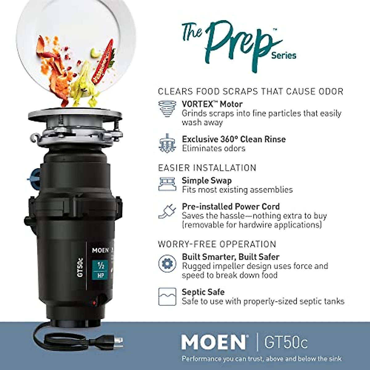 Moen Prep Series Disposer 1/2 Horsepower Continuous Feed Garbage Disposal featuring Fast Track Technology, Power Cord Included, GT50C