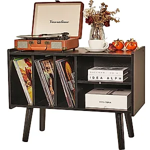 Record Player Stand with Vinyl Storage Holds Up to 300lb, Large Record Player Table Cabinet for Album Storage with Holder Vinyl Display Shelf, Wood Turntable Stand for Bedroom Living Room (Black)
