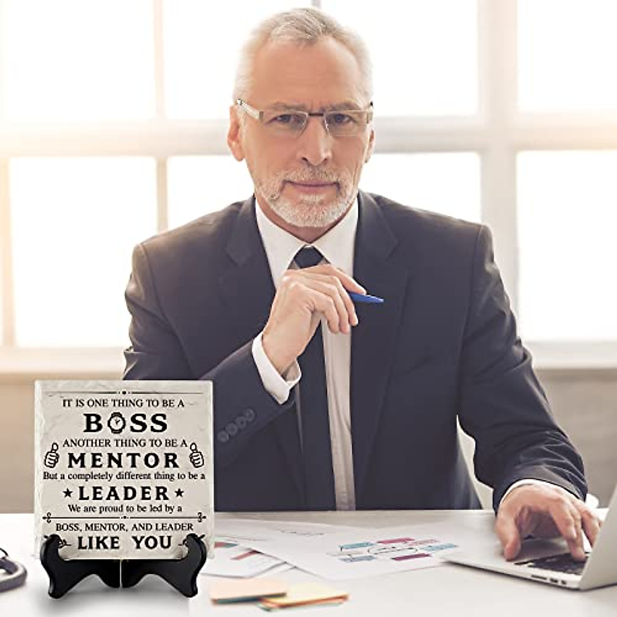 Boss Gifts for Men Women Bosses Day Gifts for Boss Christmas Birthday Gifts for Boss Best Boss Gifts Ideas Boss Leader Mentor Appreciation Gifts Tabletop Decor Ceramic Sign Plaque with Wooden Stand