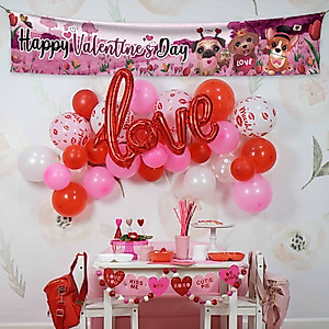 Large Happy Valentines Day Banner Outdoor Decorations 120" x 20" Valentine's Yard Sign Purple Flowers Cute Dogs Love Hill Holiday Party Supplies Valentine Backdrop Home Decor with Brass Grommets for Garden House Fence Garage Indoor Gifts Anniversary Weddi