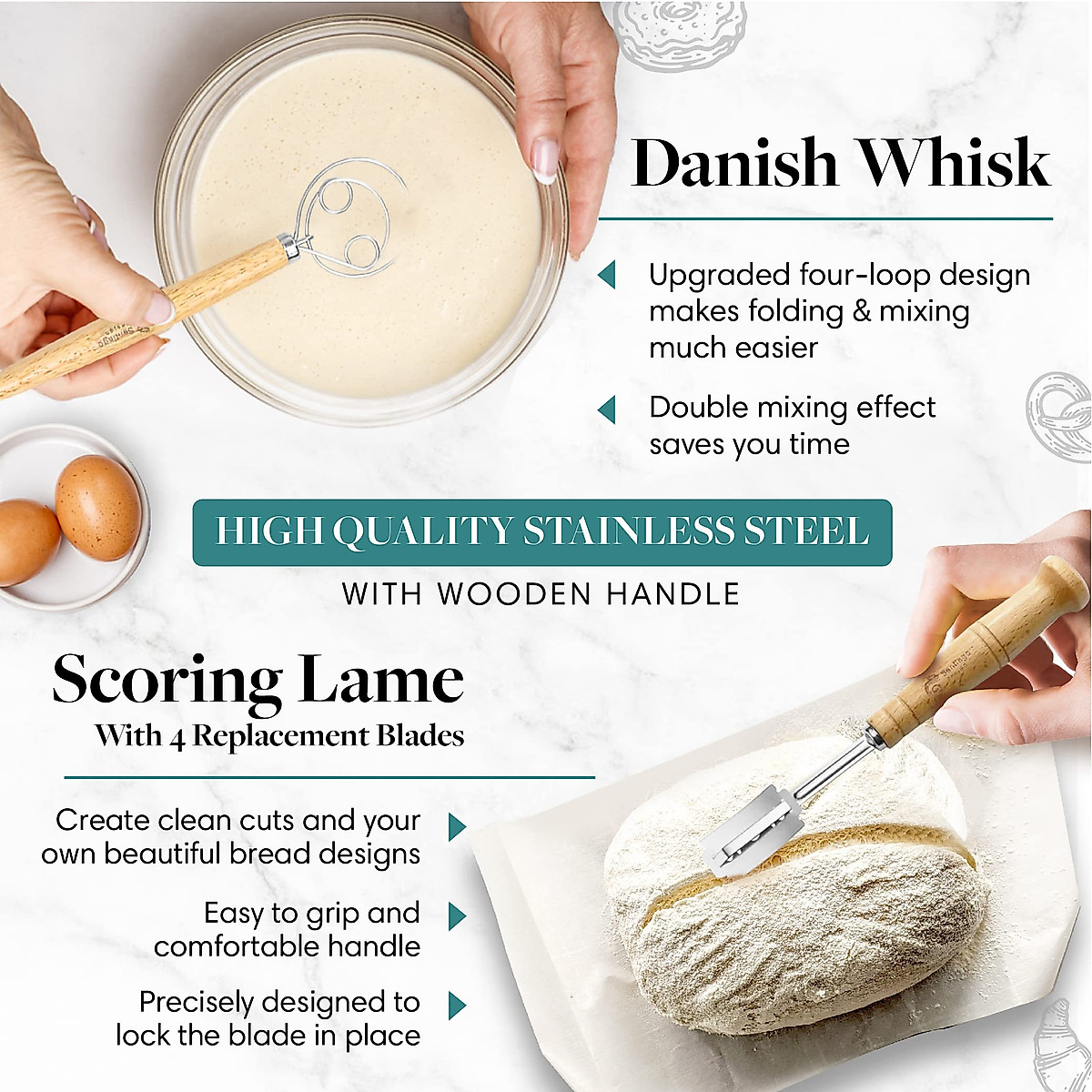 Banneton Bread Proofing Basket Set, 9 Inch Round & 10 Inch Oval Banneton Basket & Sourdough Bread Baking Supplies, with Danish Dough Whisk, Silicone Bread Sling, Linen Liner, Bread Lame, Bowl Scraper