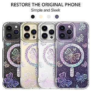 GUAGUA for iPhone 14 Pro Max Magnetic Case, Compatible with Magsafe Clear Glitter Butterfly Slim TPU Transparent Shockproof Protective Bling Phone Case for iPhone 14 Pro Max 6.7", Fantasy Butterfly