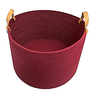 ICEBLUE HD XXL Rope Laundry Basket Woven for Toys Blankets,Storage Basket with leather handles 21"X13" -Burgundy