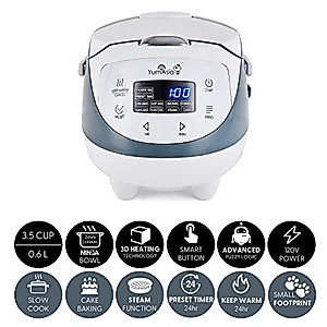 YumAsia Panda Mini Rice Cooker With Ninja Ceramic Bowl and Advanced Fuzzy Logic (3.5 cup, 0.63 litre) 4 Rice Cooking Functions, 4 Multicooker functions, Motouch LED display - 120V (White and Grey)