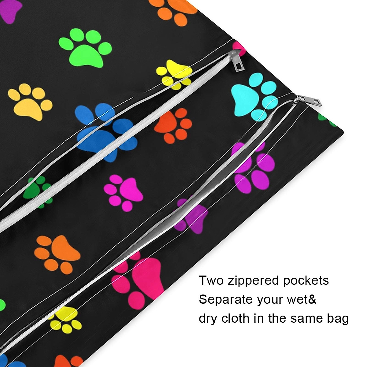 AUUXVA Colorful Dog Cat Paw Print Wet Dry Bag Set Waterproof Reusable Baby Diaper Bags Organizer with Two Zippered Pockets for Travel Beach Swimming Swimsuit Wet Clothes 2 Pack