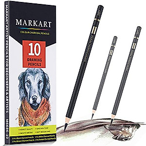 MARKART Professional Charcoal Pencils Drawing Set 10 Pieces Colour Charcoal Pencils for Drawing, Sketching, Shading, Blending, Sketch Highlight White Pencils for Beginners & Artists
