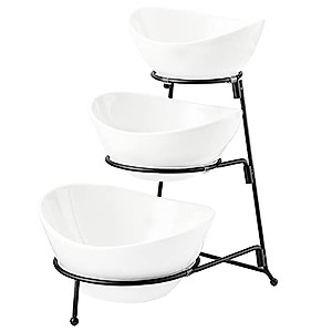 HBlife 3 Tier Oval Bowl Set with Metal Rack, Ceramic Fruit Bowl Serving, Tiered Serving Stand for Dessert Appetizer Cake Candy Chip Dip (Black)