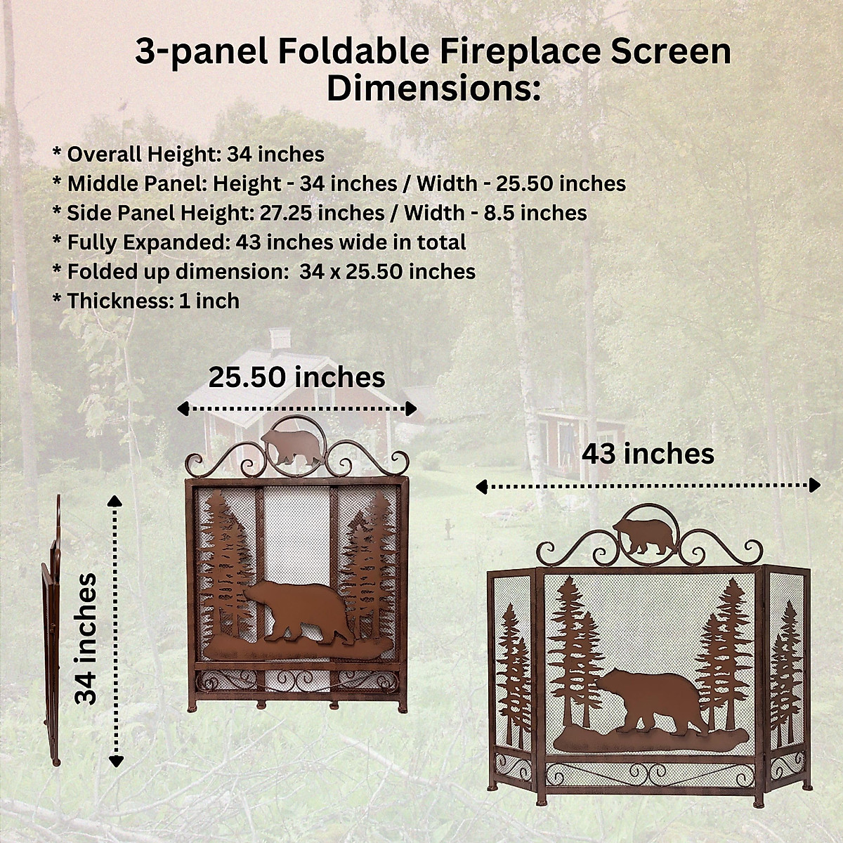 BestGiftEver 3-Panel Fireplace Screen Decorative with Bear Alone in The Forest - Stand Alone Fireplace Cover Metal Mesh Screen - Home Decorative Firescreen for Cabin, Wildlife, and Woodland Theme