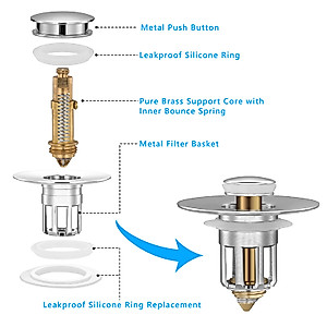 XYCING Universal Bathroom Sink Stopper (Pack of 2), Pop Up Bathroom Sink Drain with Anti-Clogging Filter Basket, 2 in 1 Brass Sink Drain Plug for 1.02-1.96 in Basin Drain Holes