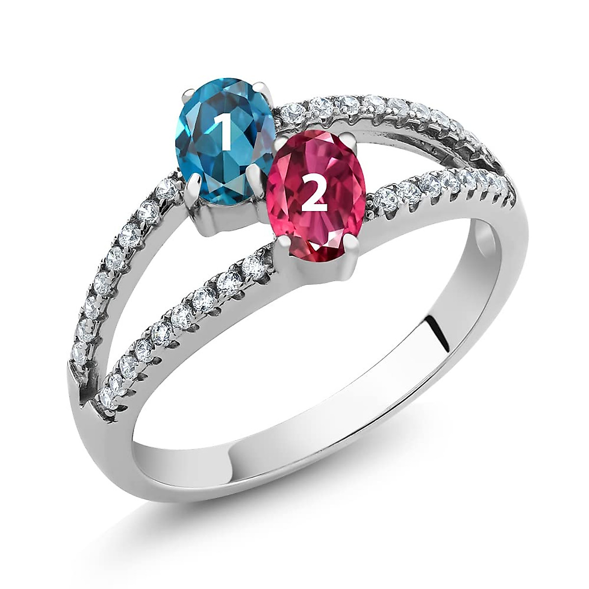 Gem Stone King 925 Sterling Silver Promise Customized and Personalized 2 Gemstone Birthstone For Her Engagement Ring For Women (Available in size 5, 6, 7, 8, 9)