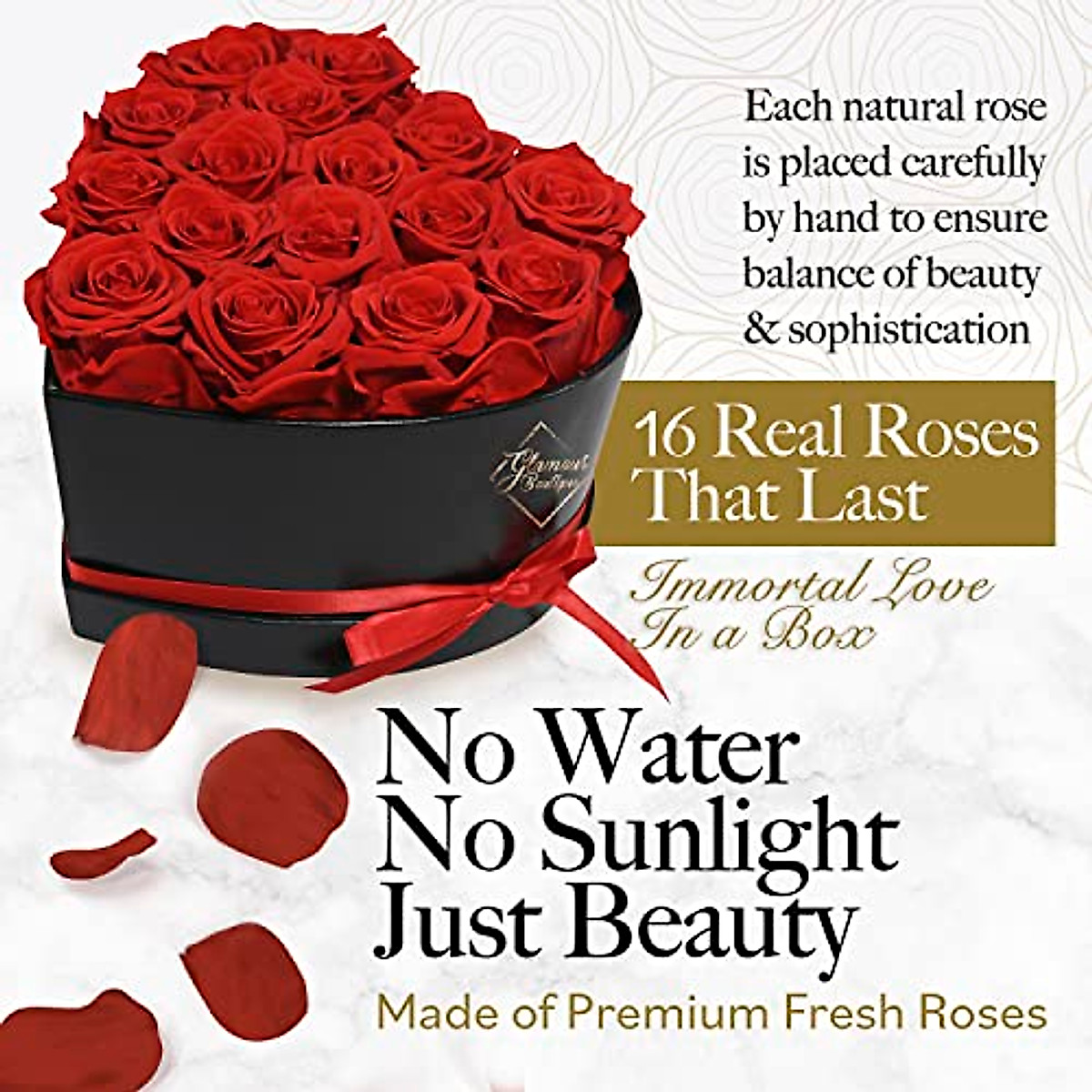 GLAMOUR BOUTIQUE 16-Piece Forever Flowers Heart Shape Box - Preserved Roses, Immortal Roses That Last A Year - Eternal Rose Preserved Flowers for Delivery Prime Mothers Day & Valentines Day - Red