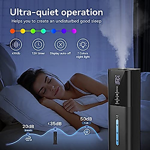Humidifiers Large Room Bedroom with 7 Colors Light, 2.1Gal(8L) 3 Speed Quiet Ultrasonic Cool Mist Humidifier with 360° Nozzle, Humidity Setting, Timer,Aroma Box for Home Plant Baby Yoga Sleep (Black)