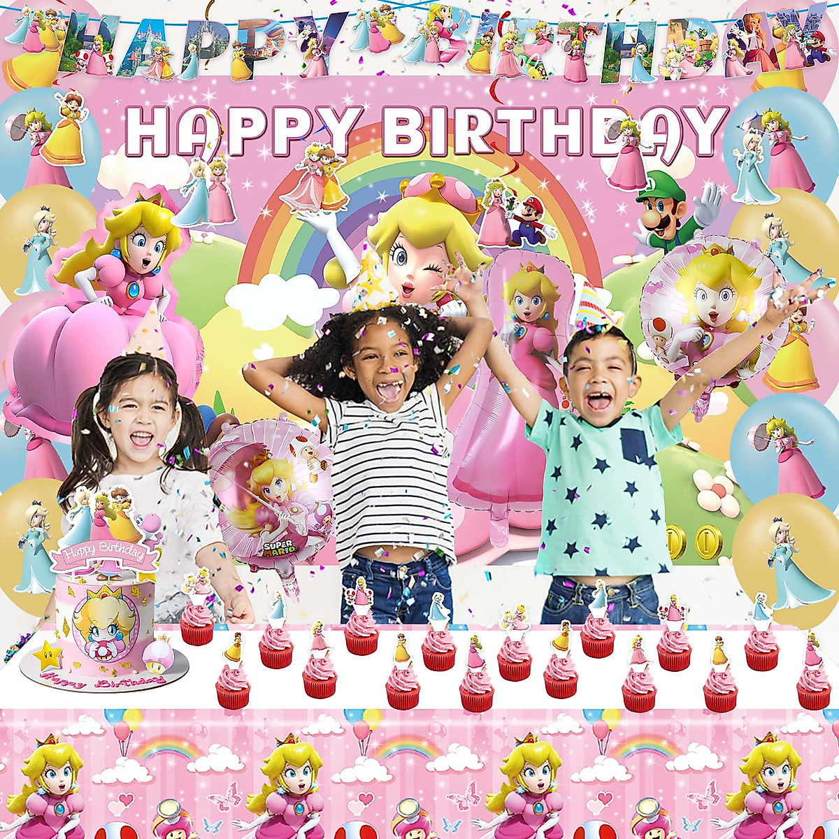 Princess Peach Birthday Party Supplies, Princess Peach Party Favors, Princess Peach Party Decorations Include Banners, Backdrop, Hanging Swirls, Balloons, Cake Decoration, Cupcake Toppers, Tablecloth