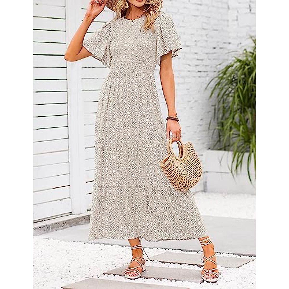 ZESICA Women's 2023 Summer Casual Floral Print Short Flutter Sleeve Crew Neck Smocked High Waist Flowy Maxi Dress,Beige,X-Large