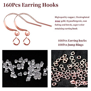 160 PCS/80 Pairs Earring Hooks Rose Gold Tone Plated Hypoallergenic Ear Wires Fish Hooks with 100 PCS Clear Silicone Earring Backs and 100 PCS Jump Rings Earring Finding for DIY Jewelry Making