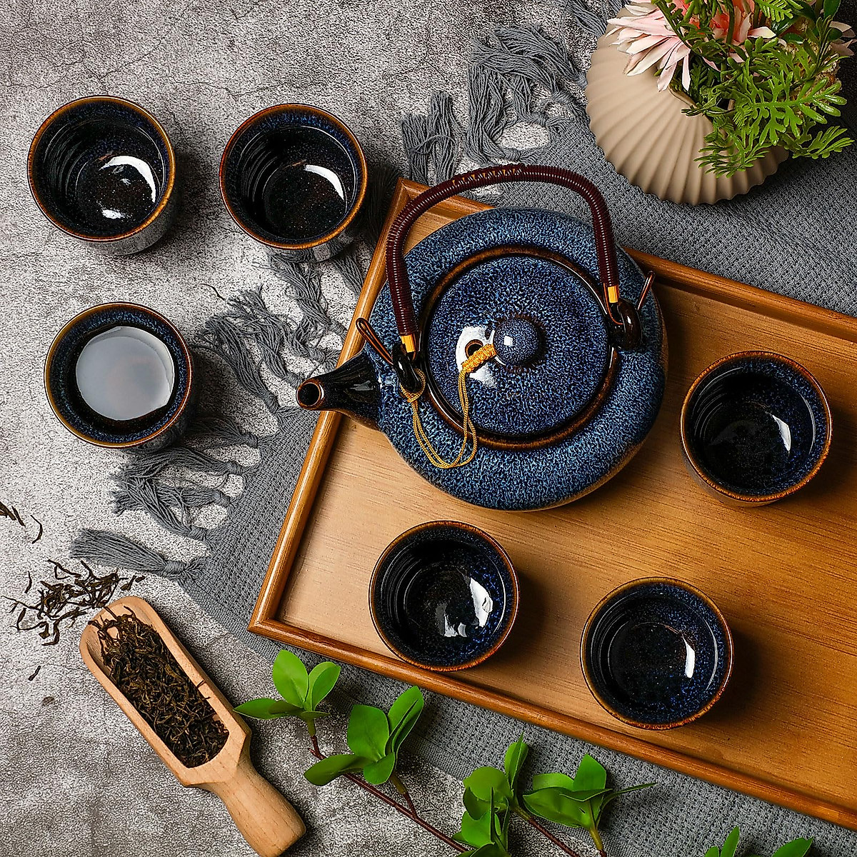 Layhit Japanese Tea Set Asian Tea Set for Adults with 1 Teapot 6 Tea Cups 1 Tea Tray Traditional Portable Japanese Kiln Altered Glaze Porcelain Tea Set for Tea Women Mother's Day Gifts(Blue)