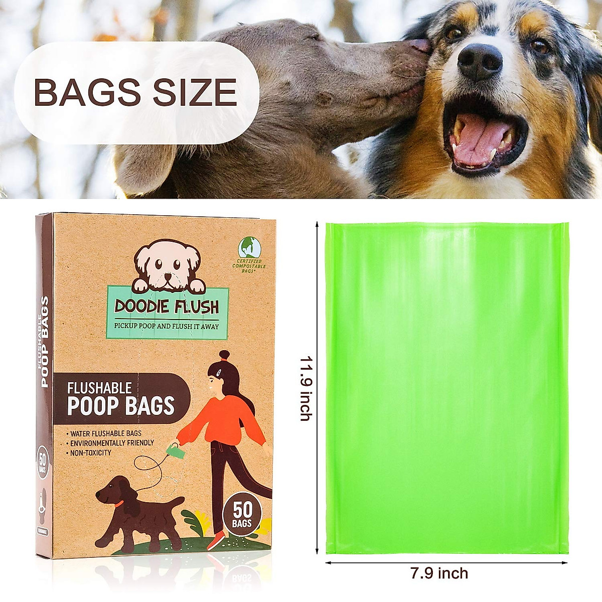 Doodie Flush™ Dog Poop Bag (Box of 50 poop bags for dogs) Flushable 100% Environmentally Friendly Compostable Biodegradable Pet Waste Bags, Extra Thick & Strong, Biodegrades In Seconds with Water