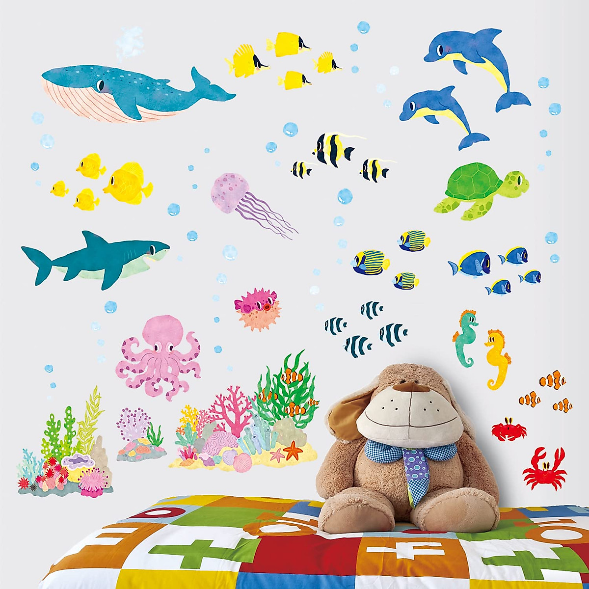 DECOWALL BA-2014s Under The Sea Turtle Wall Stickers Decals Ocean Fish for Bathroom Bedroom Nursery Living Room Home Decor Decoration Kids sea Animals Seaweed Peel and Stick Water boy Baby Shark