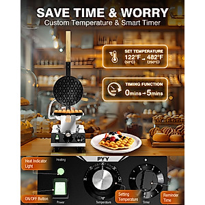 PYY Bubble Waffle Maker - Commercial Egg Puff Waffle Iron Machine, 1500W 122-482℉ Electric Stainless Steel Hong Kong, 30 Egg Cones | 180° Rotating| Black Non-stick Coating | Crumb Tray | Wooden Handle