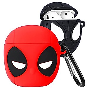 JoySolar 2 Packs for Airpod 1&2 Case Cute Cartoon Character 3D Soft Silicone Air Pods Funny Cover Kawaii Fun Cool Unique Shell Stylish Girls Kids Teens Women Cases for Airpods 1/2(Spidor+Deadpol)