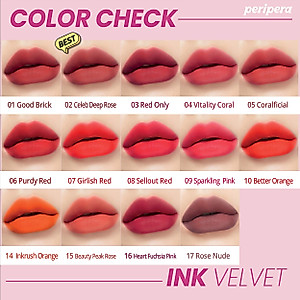 Peripera Ink the Velvet Lip Tint | High Pigment Color, Longwear, Weightless, Not Animal Tested, Gluten-Free, Paraben-Free | #015 BEAUTY PEAK ROSE, 0.14 fl oz