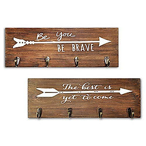 Spiretro Wall Key Hanger, Metal Hook Rack Organize Coat Hat Bag, Leash Holder, Set of 2 for Kids Entryway Hallway, Funny Arrow Sign & Inspirational Words, Rustic Wood_Teak