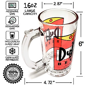 DUFF Beer Mug - 16oz - The Simpsons Inspired - Thick Quality Clear Glass - Artwork On Both Sides - Giftable Foam Protection