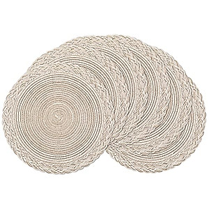 SHACOS Round Placemats Set of 6 Woven Round Table Mats 15 inch Braided Border Washable Cotton Polyester Circle Place Mats, Ivory