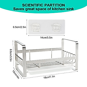 TEZZ Sponge Holder for Kitchen Sink- Stainless Steel Kitchen Storage Sink Caddy for Organizing Sponge, Brush & Dish Soap Dispenser, Kitchen Sink Organizer Rack with Adhesive or Counter top, Silver
