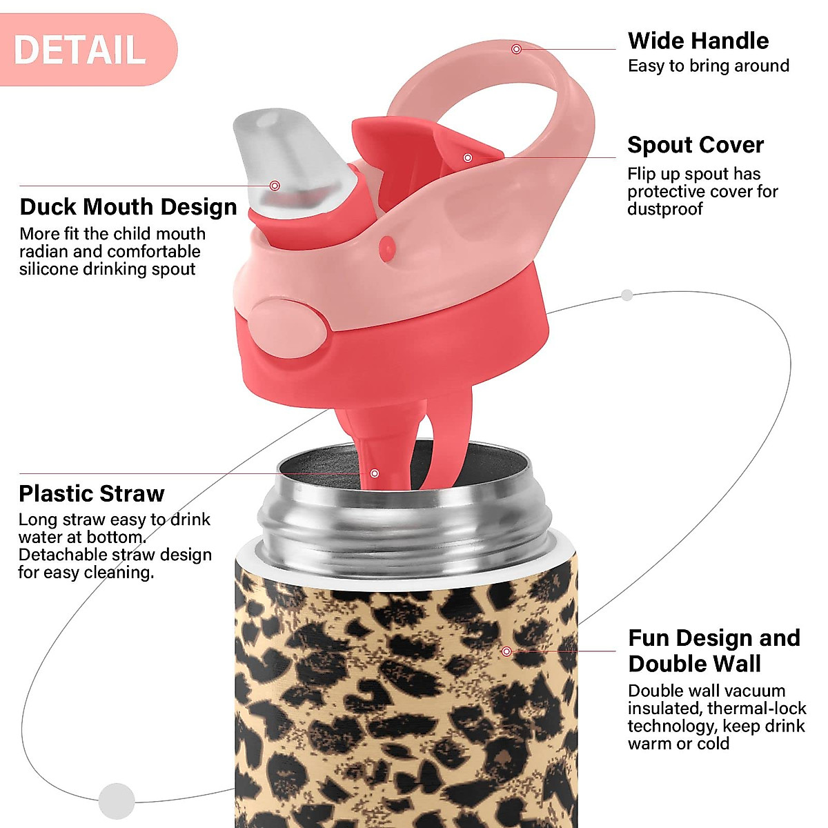 MCHIVER Leopard Print Kids Water Bottle with Straw Insulated Stainless Steel Kids Water Bottle Thermos for School Girls Boys Reusable Tumbler 12 oz / 350 ml Pink Top