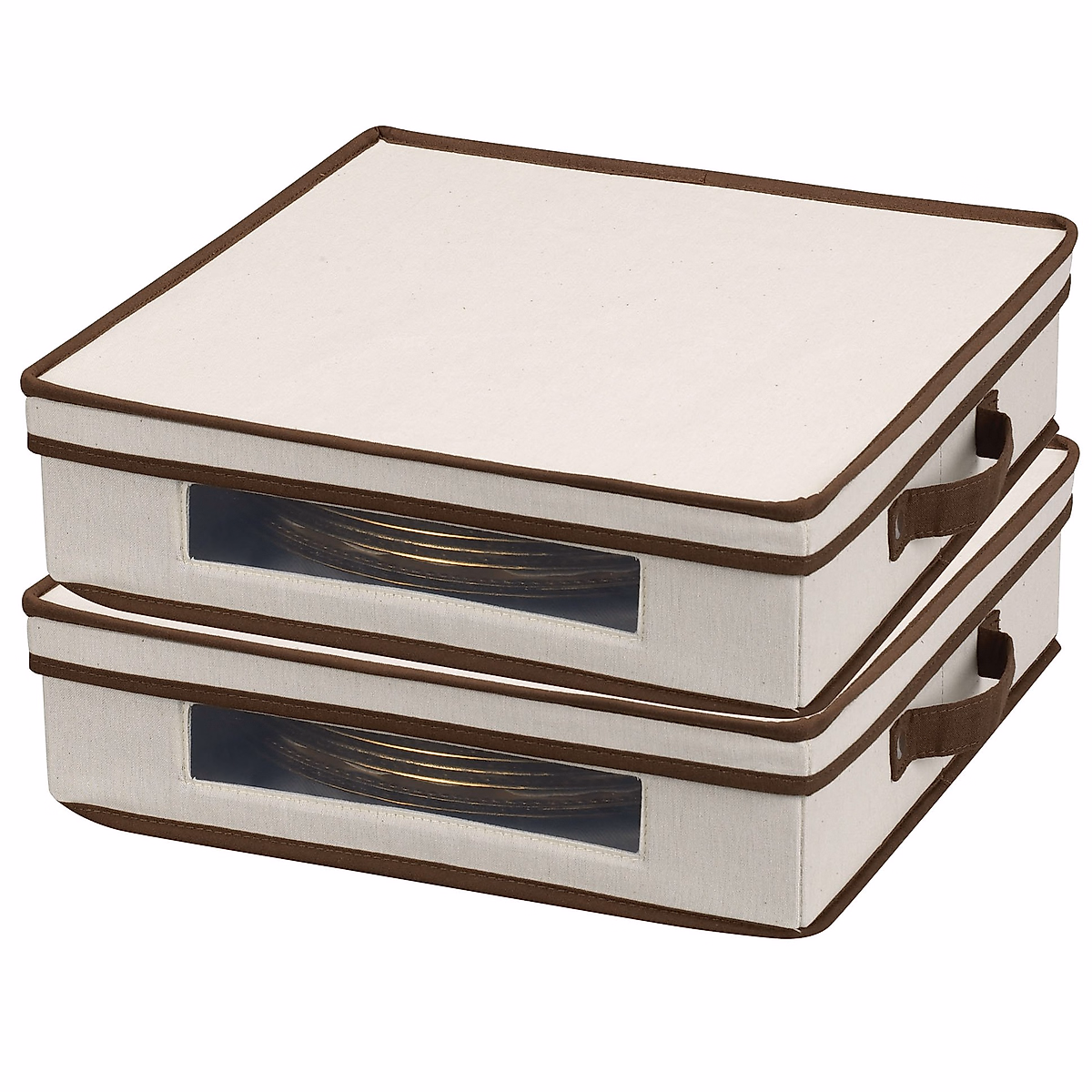 Household Essentials Natural 537 Vision Storage Box with Lid and Handles | Charger Plates and Platters Canvas with Brown Trim