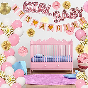 Ouddy Party Pink Baby Shower Decorations for Girl with Its a Girl Banner, Baby Girl Letter Pink Gold Confetti Balloons Paper Pom Poms for Girl Baby Shower Gender Reveal Party Supplies