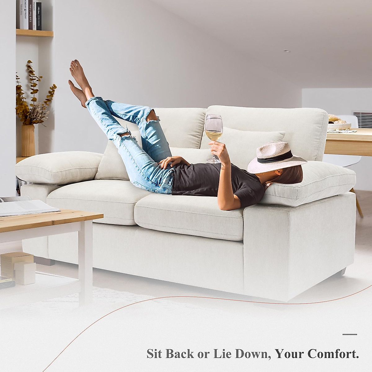 COLAMY Loveseat Couch Sofa,73" Upholstered Living Room Sofa with Pillows Modern Comfy Removable Back Seat Cushions Bedroom Couch, Beige