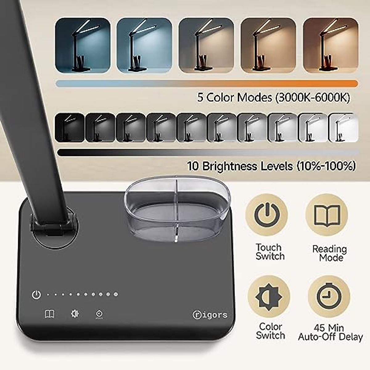 rigors LED Desk Lamp for Home Office - Dual Swing Arm Desk Light with USB Charging Port,Eye-Caring Foldable 5 Color Modes 10 Brightness Levels Dimmable Desk Lamp for College Dorm Room (Black)