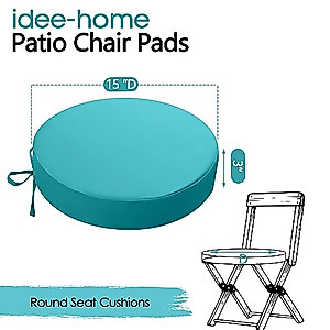 idee-home Outdoor Bistro Chair Cushions, Thick Round Seat Cushions Set of 2 with Ties, 15”x15”x 3” Waterproof Round Patio Chair Cushions for Outdoor Furniture, Round Chair Pads for Garden Peacock Blue