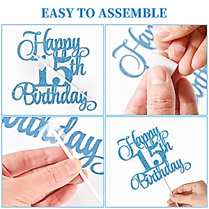 Lecferrarc 15th Birthday Cake Decorations, 15th Birthday Candles Cake Numeral Candles and Glitter Happy 15th Birthday Cake Toppers Set for Birthday Party Supplies (Blue)