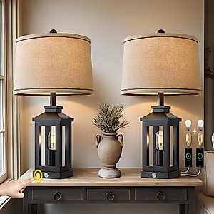 G-SAFAVA 23.75" Retro Farmhouse Black Table Lamp for Living Room Bedroom Nightstand Set of 2 Touch Control Bedside Nightlight Vintage Modern Lamp with USB C+A Ports and 2 Light Sources